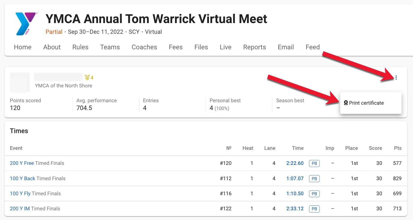 Print a certificate for the YMCA Annual Tom Warrick Virtual Meet – swimcloud